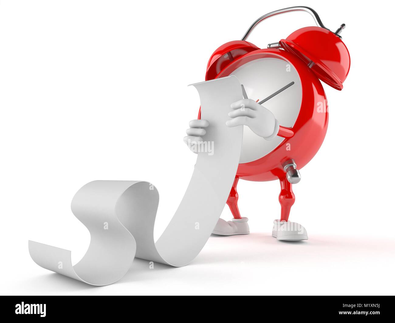 Alarm clock character reading list on white background Stock Photo - Alamy