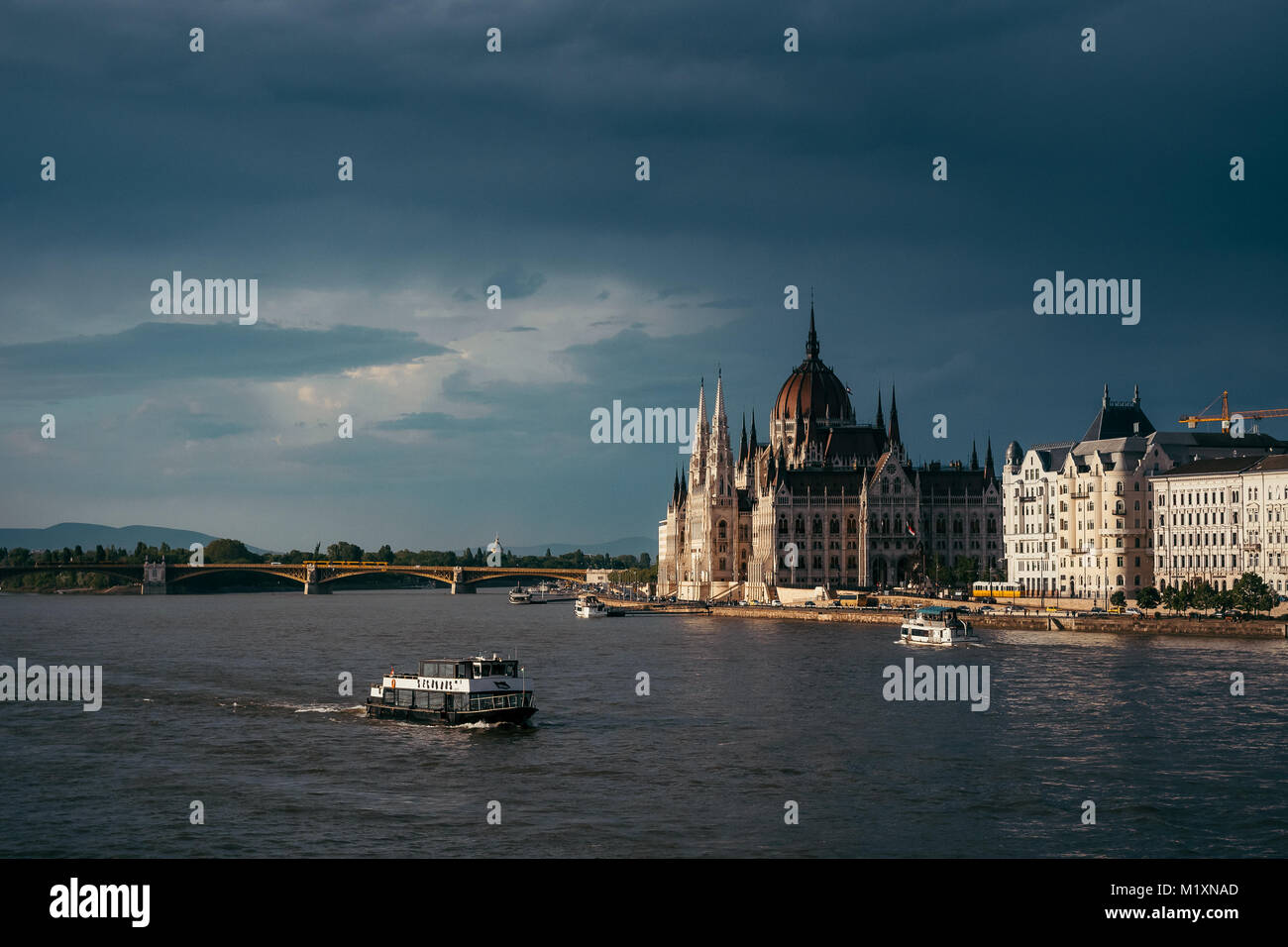 Panorama view of swimming boats along River Danube near the Budapest ...