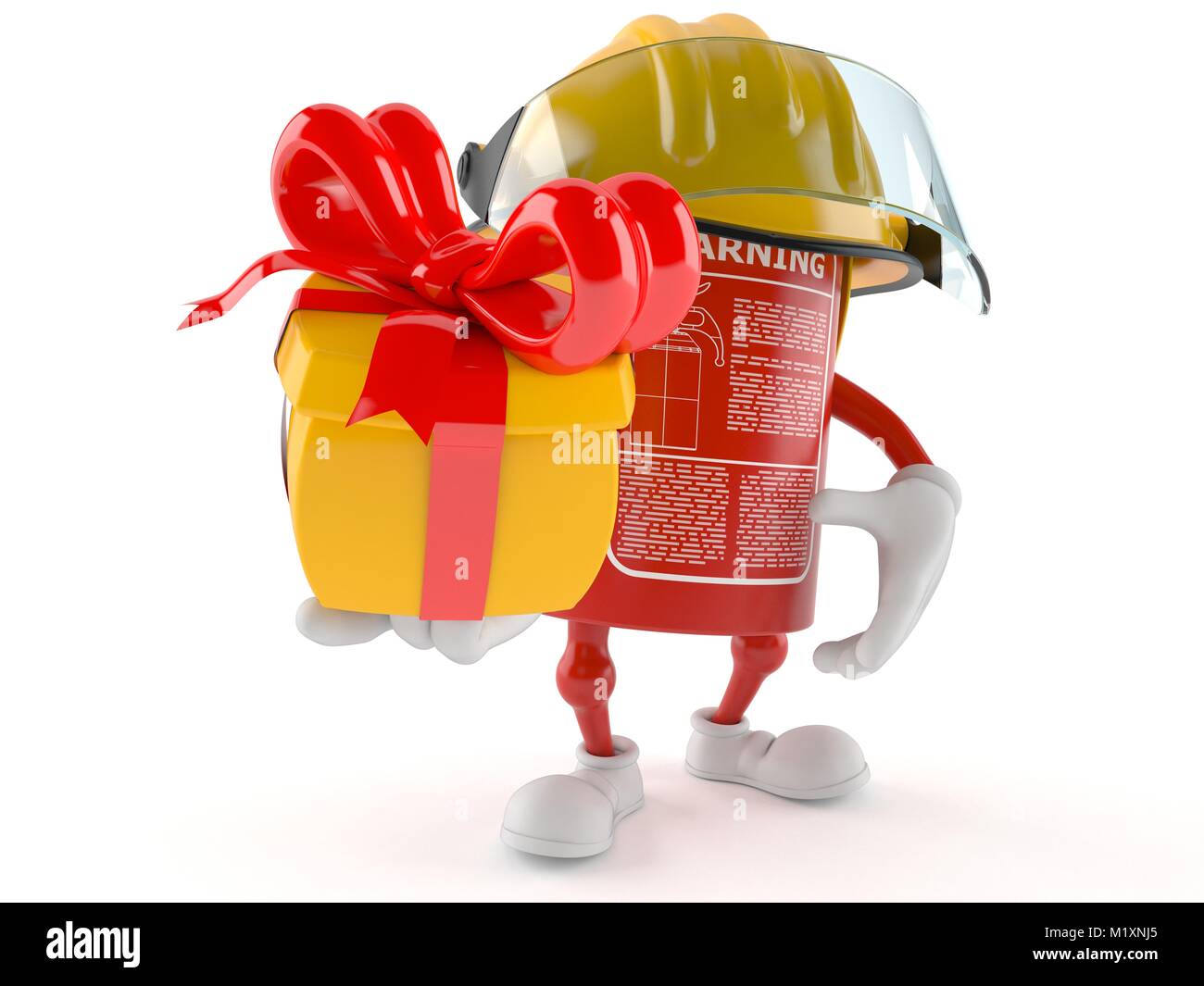Fire extinguisher character with gift isolated on white background ...