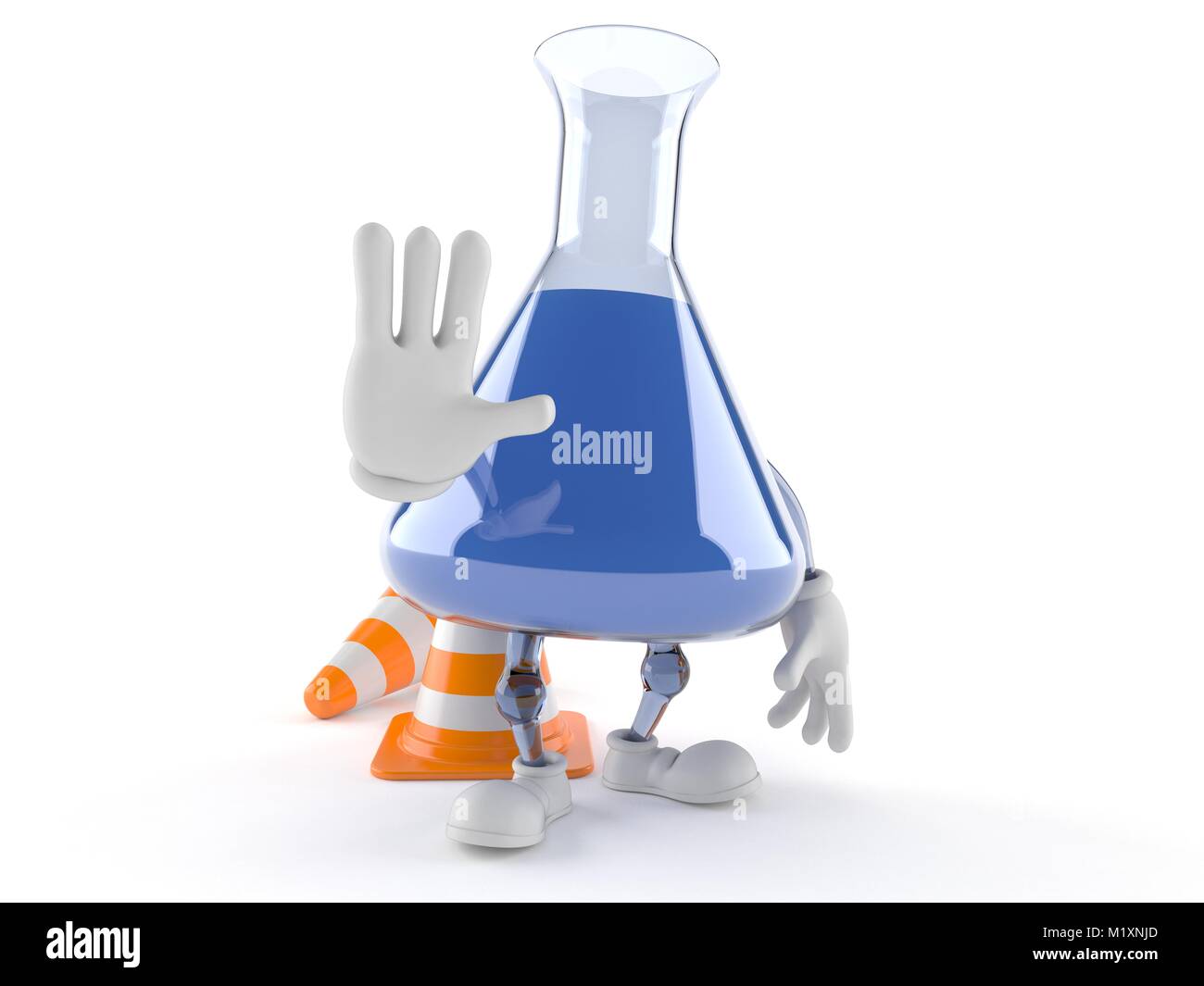 Chemistry flask character with traffic cone isolated on white ...