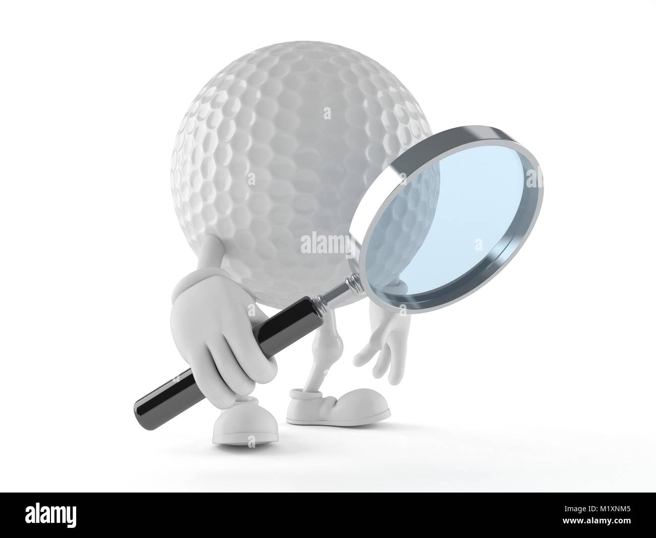 Golf ball character looking through a magnifying glass isolated on ...