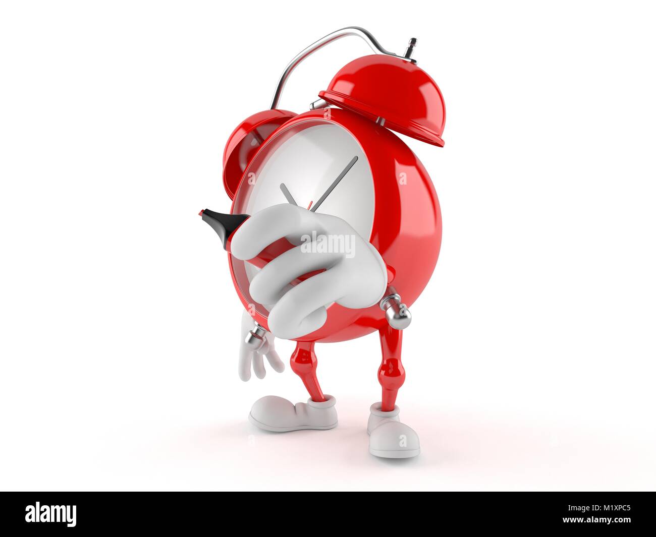 Alarm clock character with marker isolated on white background Stock ...