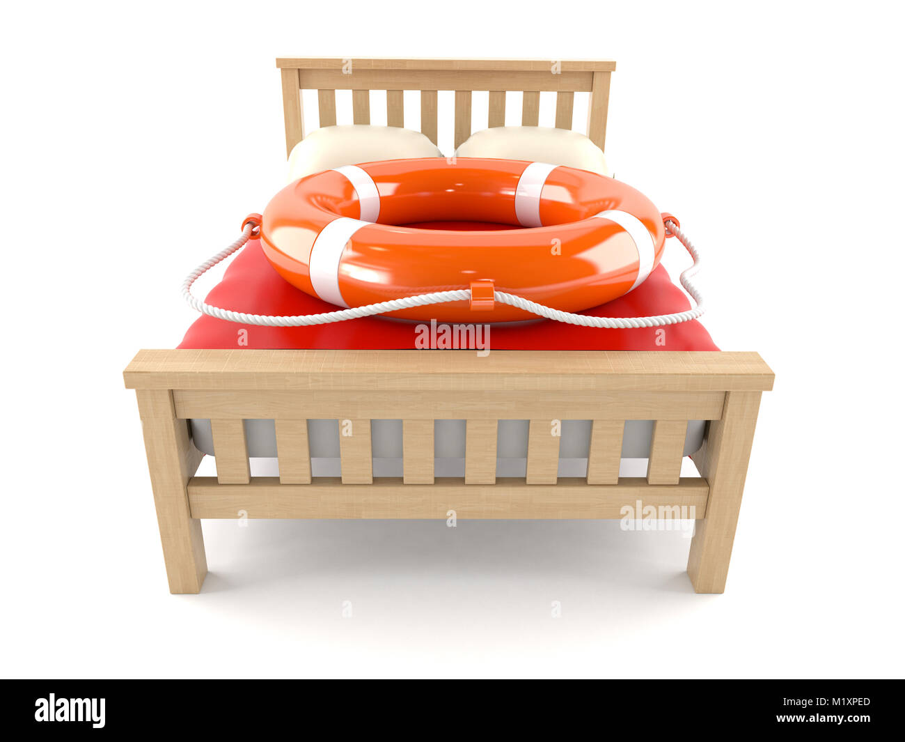 Bed with life buoy isolated on white background Stock Photo - Alamy