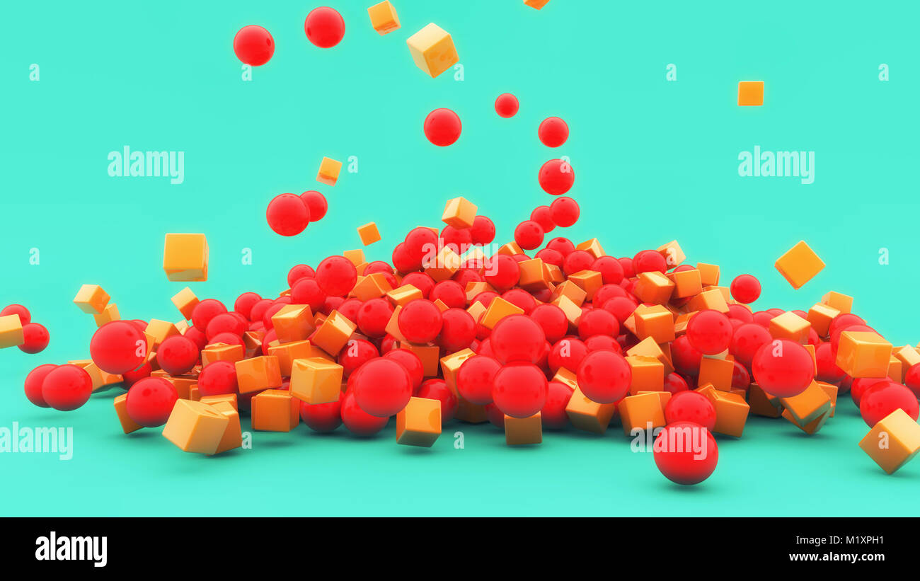 3D render. Red balls and cubes falling Stock Photo - Alamy