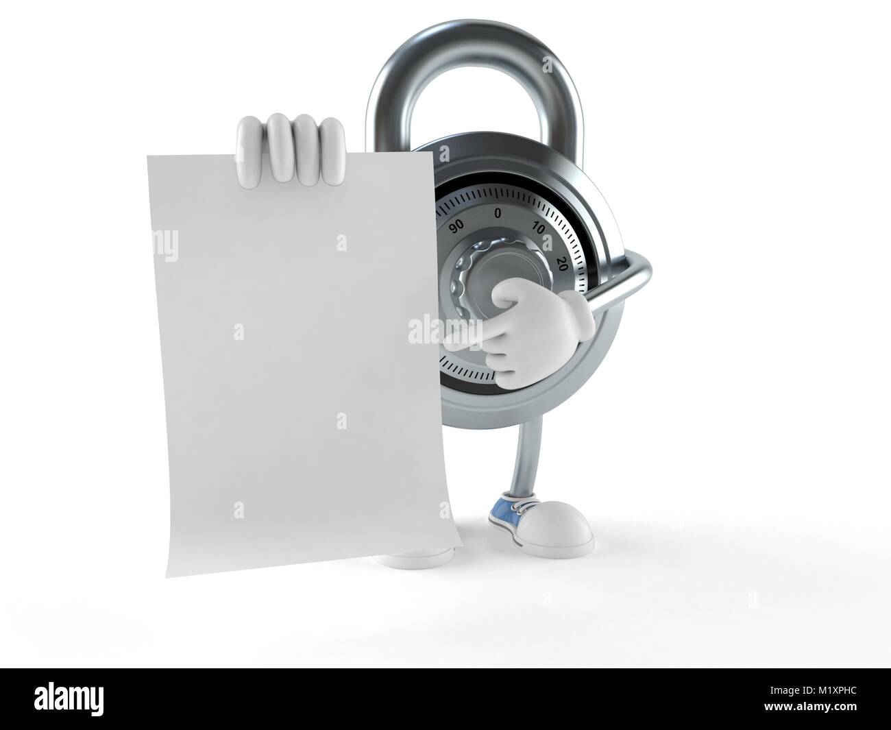 Combination lock character with blank sheet of paper isolated on white ...