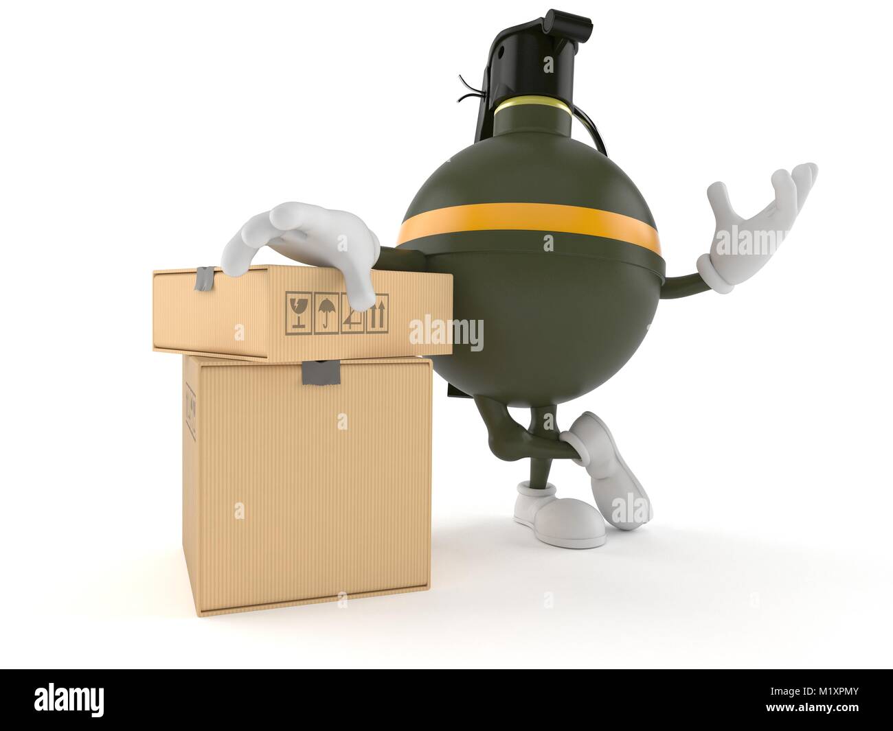 Hand grenade character with stack of boxes isolated on white background ...