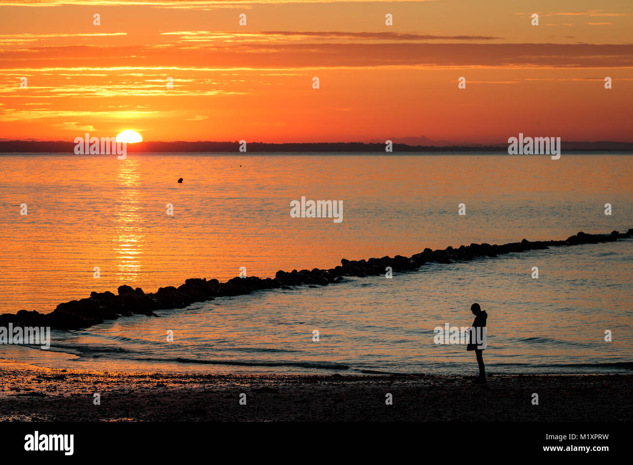 A walker enjoying sunrise on the beach in Dorset Stock Photo - Alamy