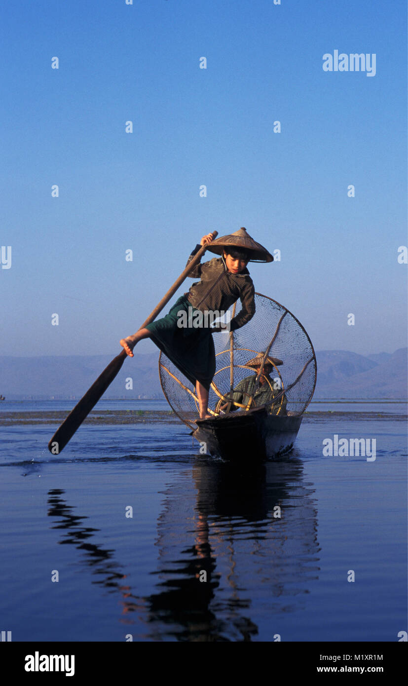 Myanmar (Burma). Inle Lake. Fishermen of Intha-tribe fishing in ...