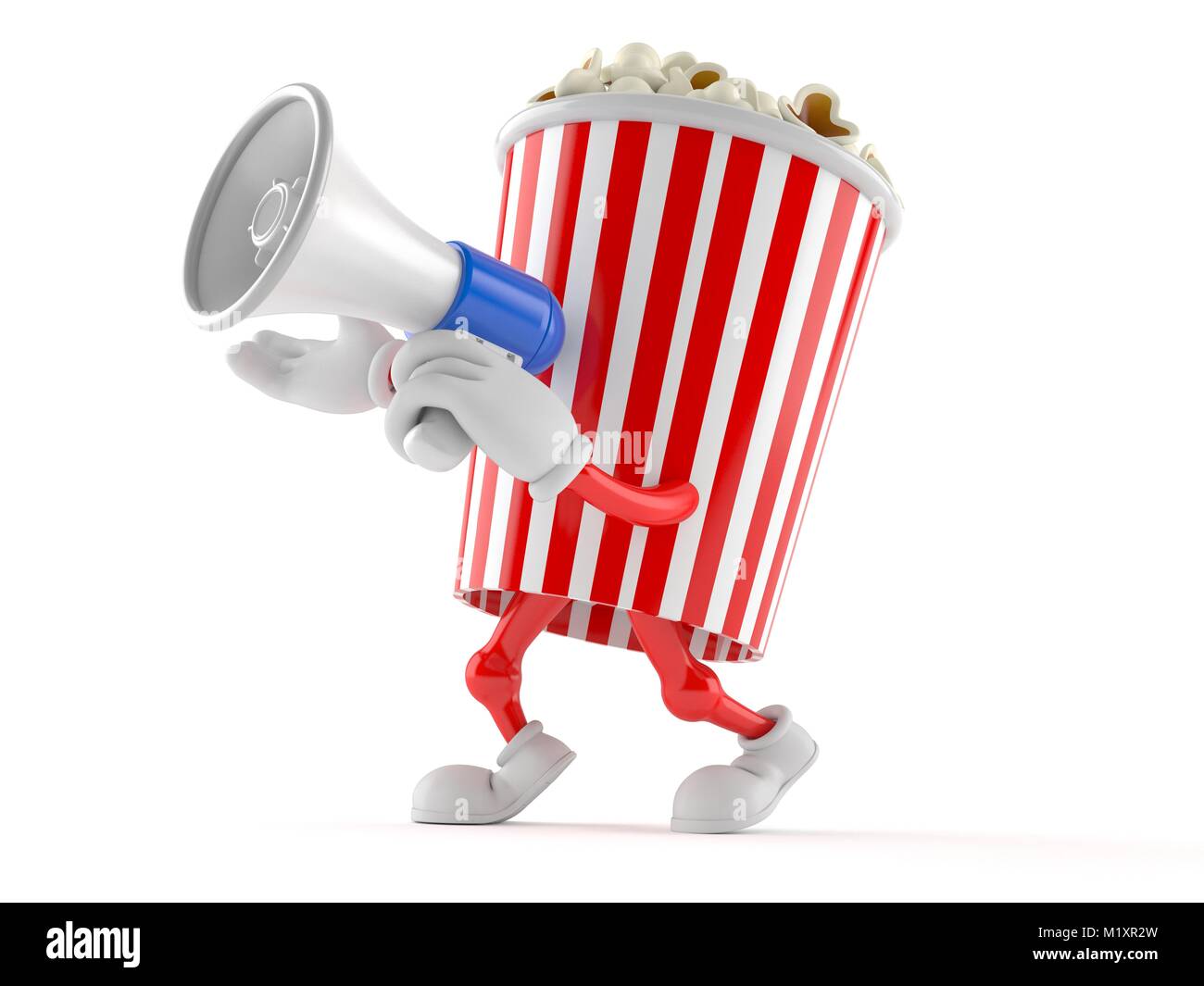 Popcorn character speaking through a megaphone isolated on white ...