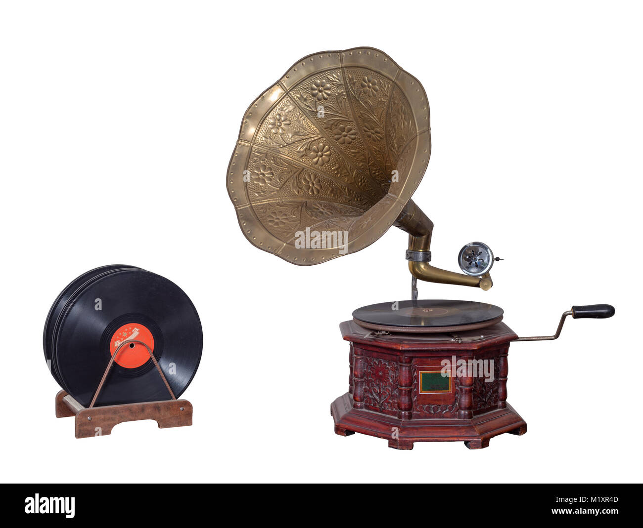 Old nineteenth century phonograph (gramophone) and vinyl records ...