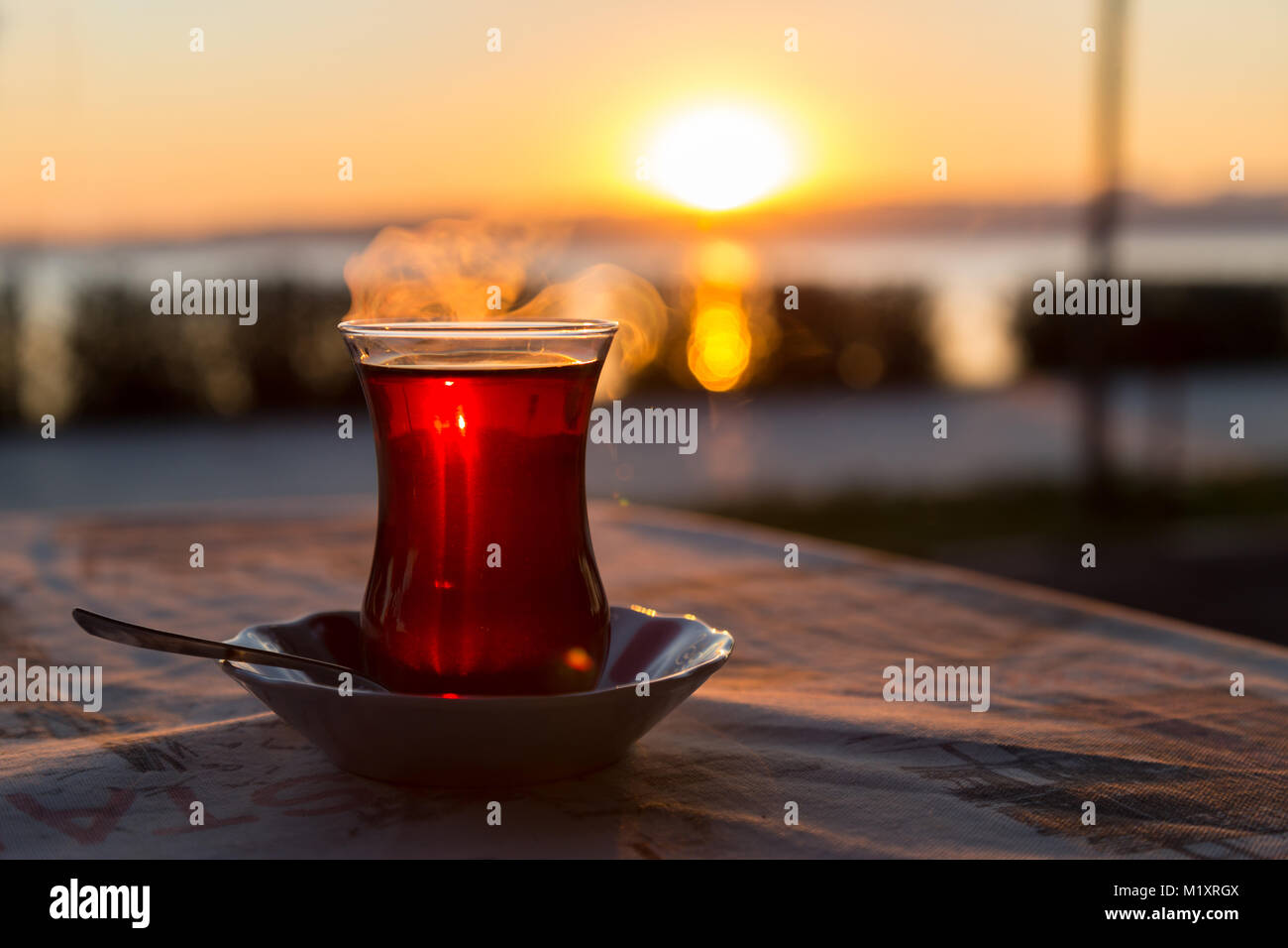Turkish tea with reverse light image during the sunset for design Stock ...