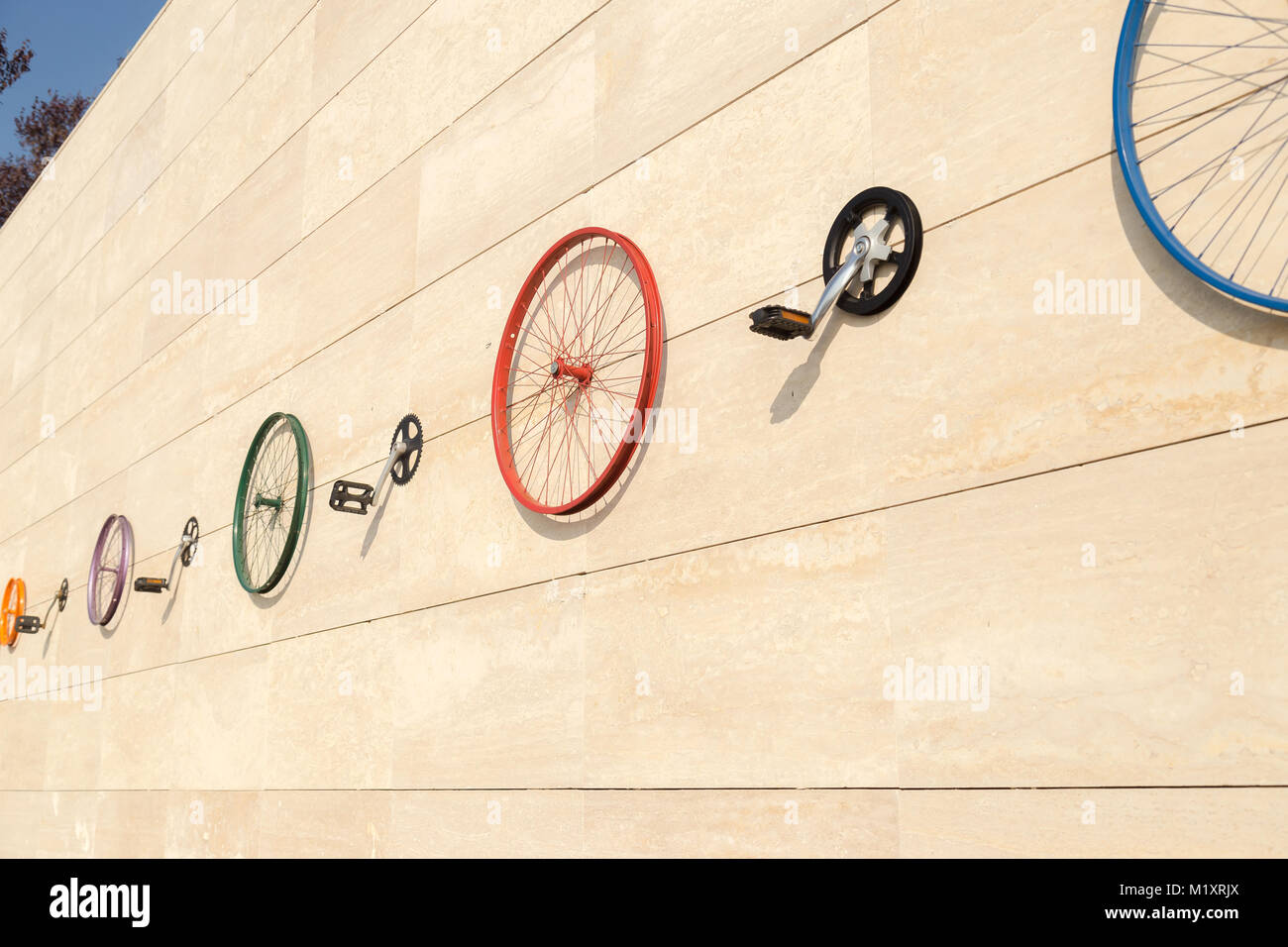 Wheel rim parts of bicycle on the wall Stock Photo - Alamy
