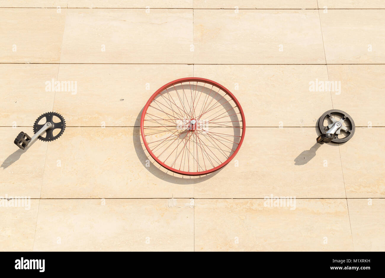 Wheel rim parts of bicycle on the wall Stock Photo - Alamy