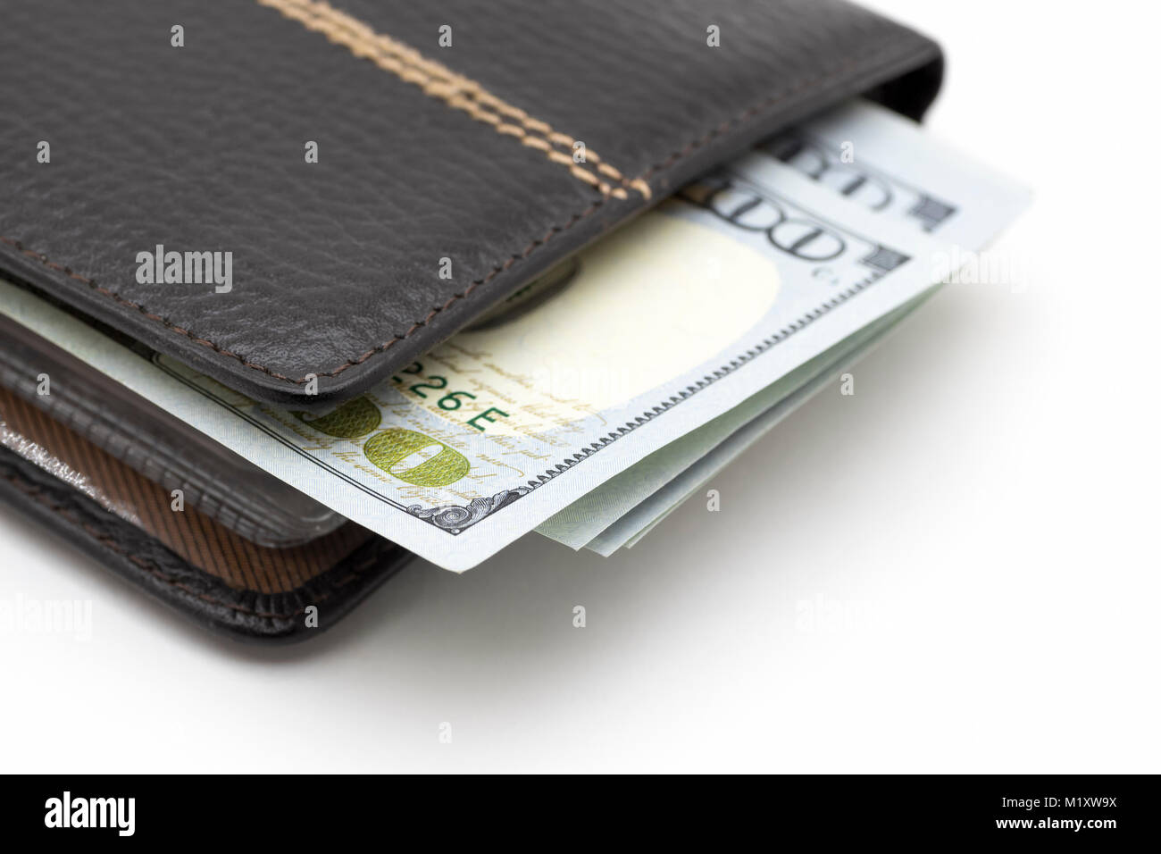 Black leather wallet with cash dollars on a white background Stock ...