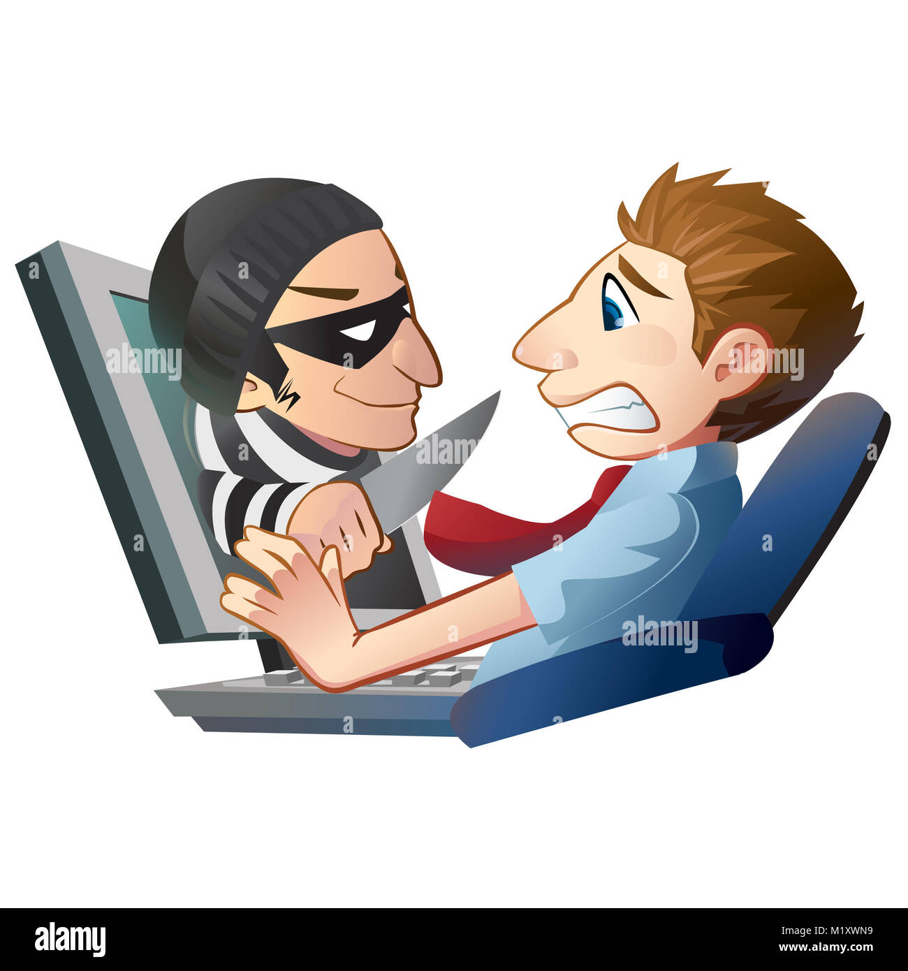 Internet scammer poping out from computer screen Stock Photo - Alamy