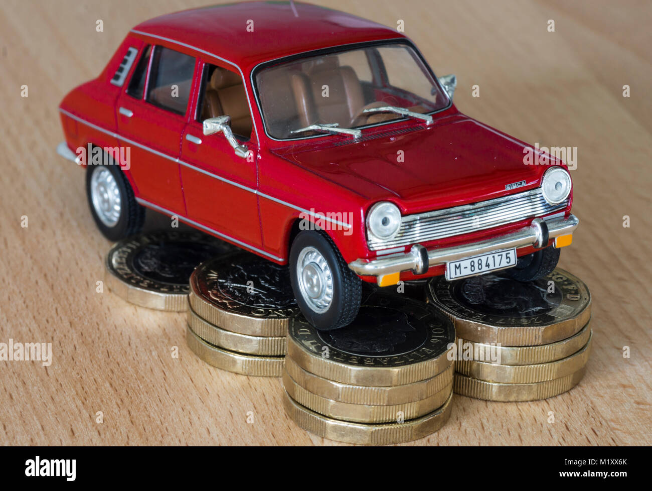 Concept picture for the rising cost of motoring, model car on pound ...