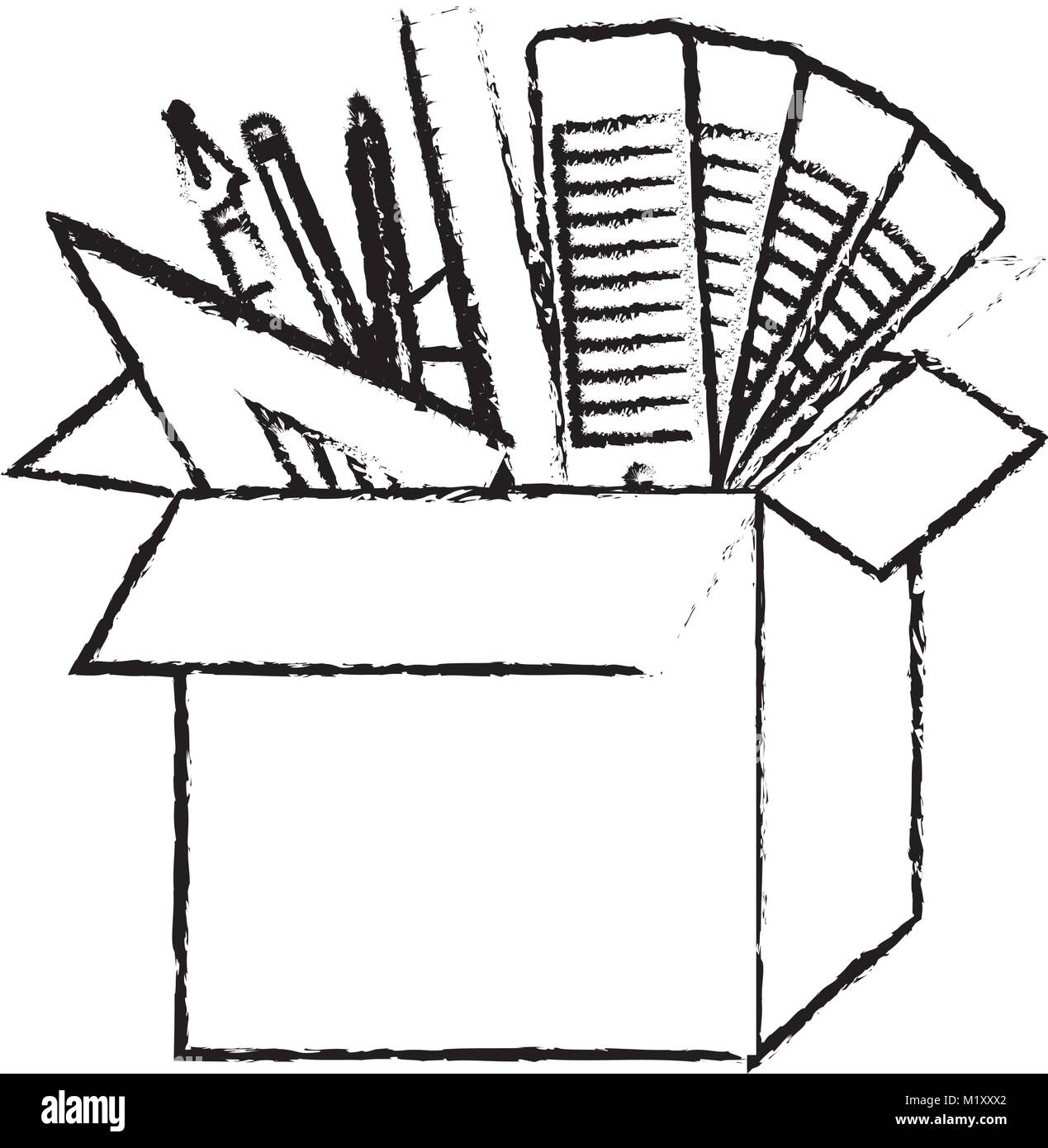 cardboard box with graph design tools in black blurred contour Stock ...