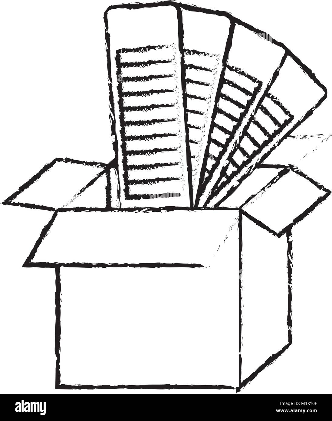 cardboard box and color palette guide in black blurred contour Stock ...