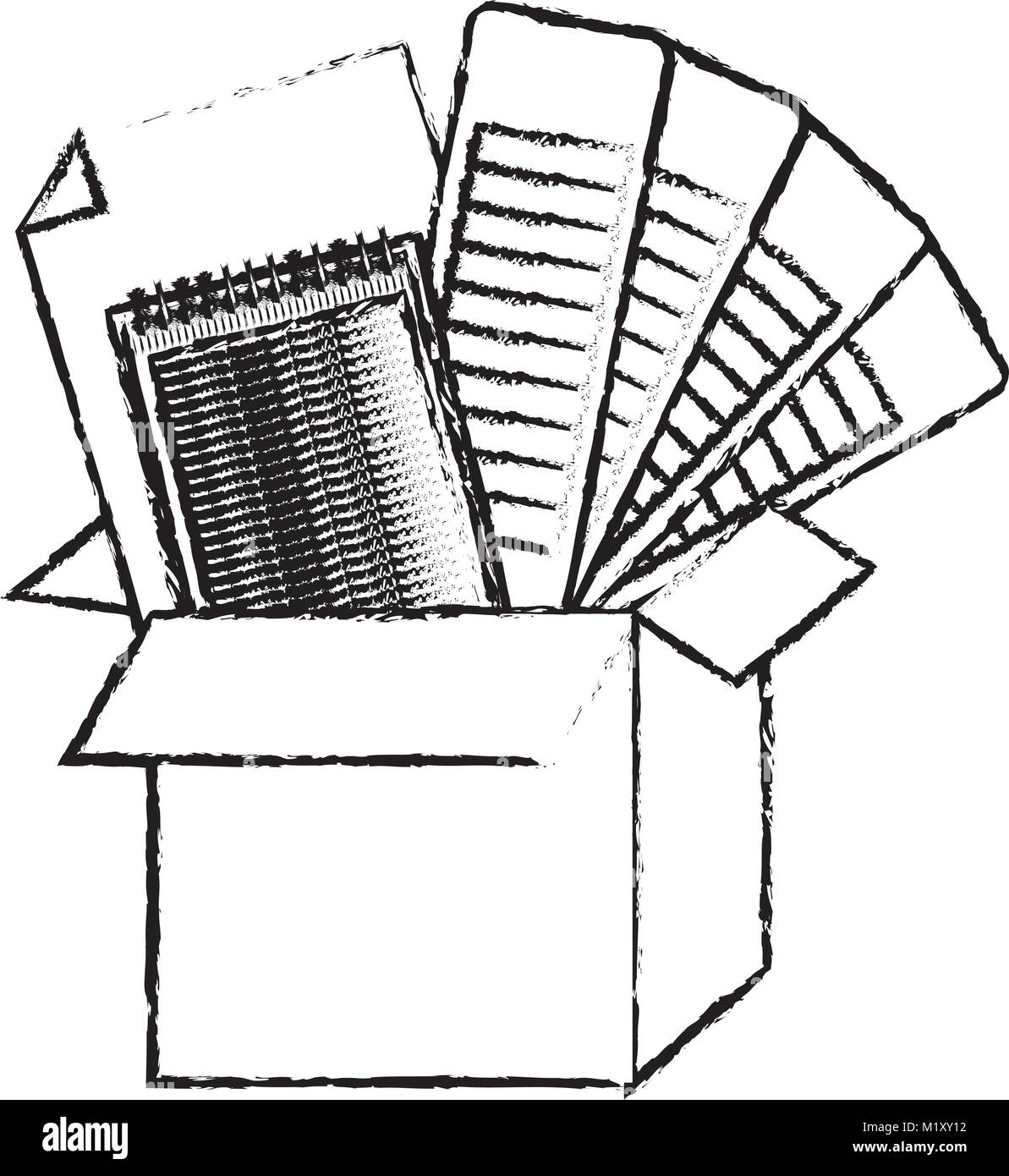 cardboard box and color palette guide and notebook and sheet blank in ...