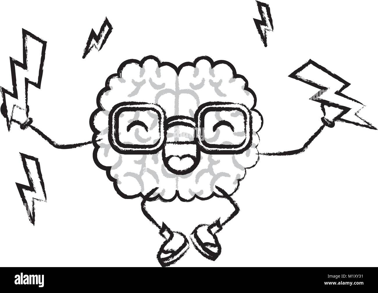 brain cartoon with glasses jumping for joy with lightings around in ...