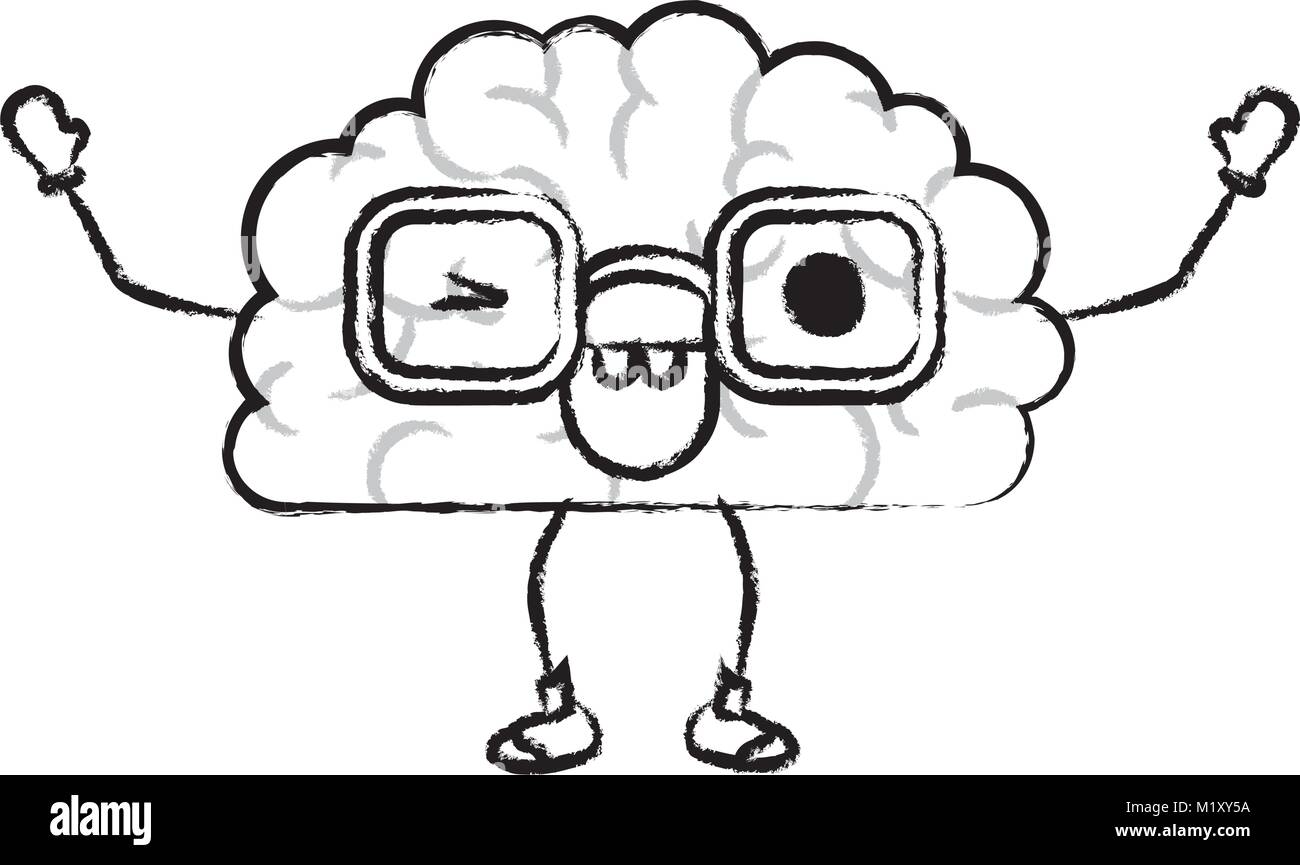 brain cartoon with glasses and eye wink expression in black blurred ...