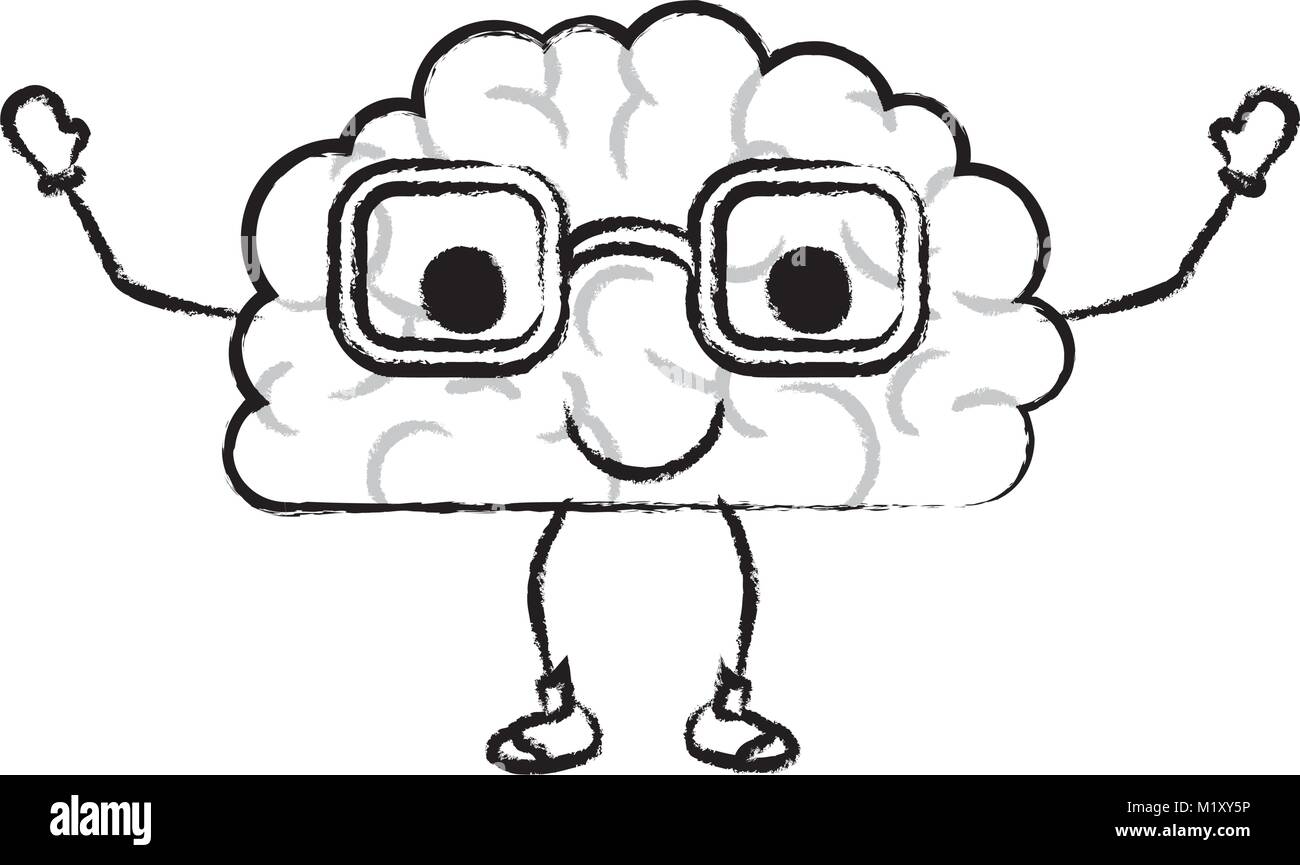 brain cartoon with glasses and calm expression in black blurred contour ...