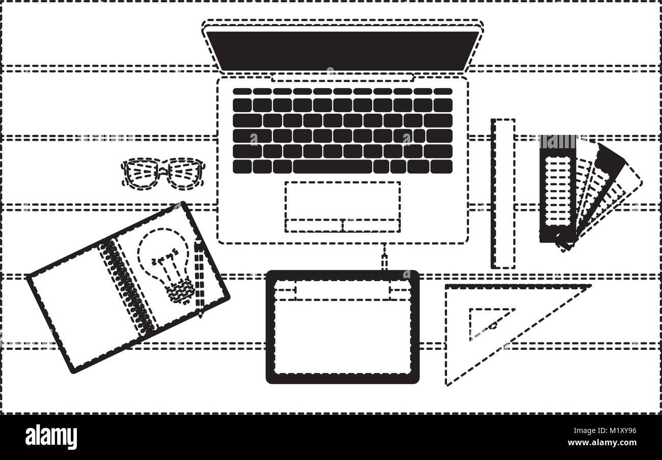 laptop computer and drawing tools over desk on top view in black dotted ...