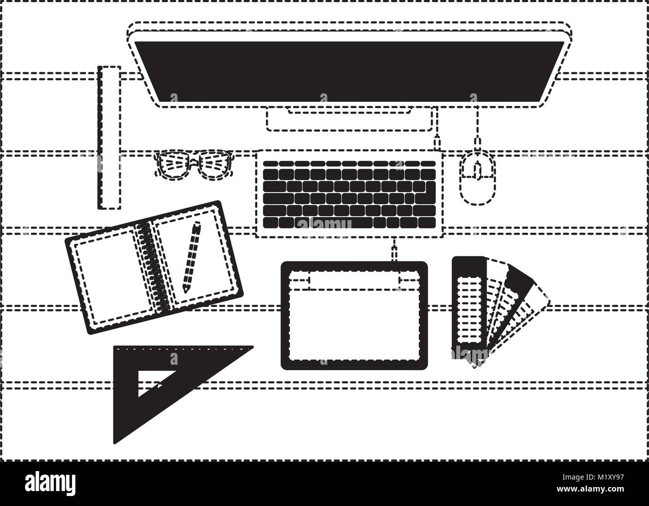 desktop computer and drawing tools over desk on top view in black ...