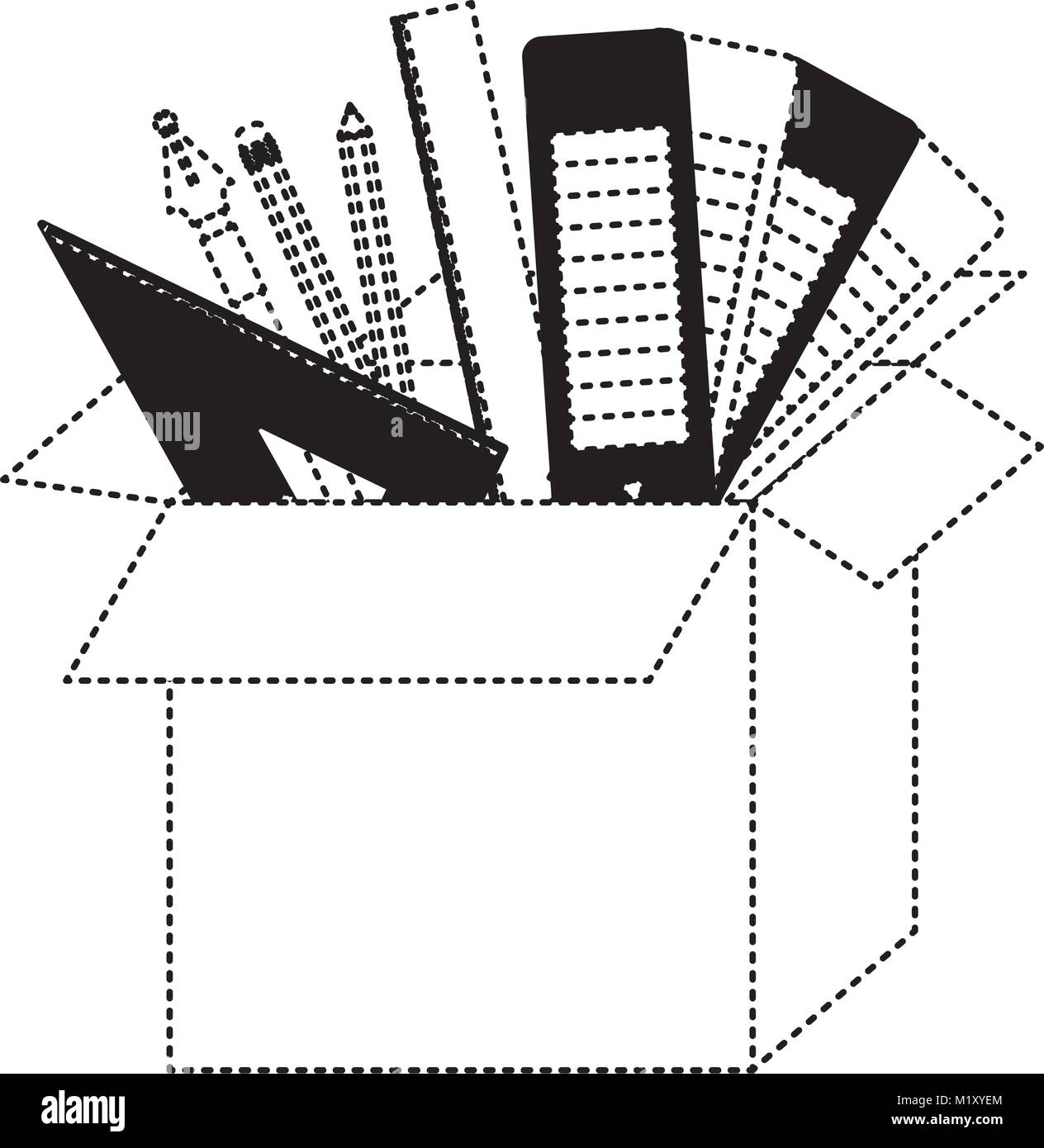 cardboard box with graph design tools in black dotted contour Stock ...