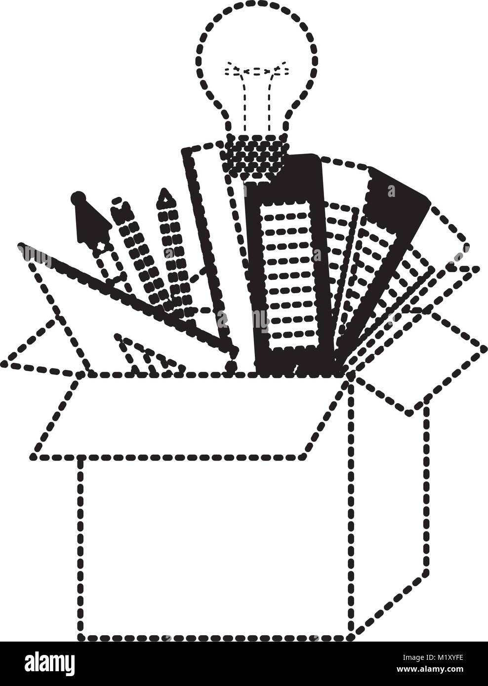 cardboard box with graph design tools idea in black dotted contour ...