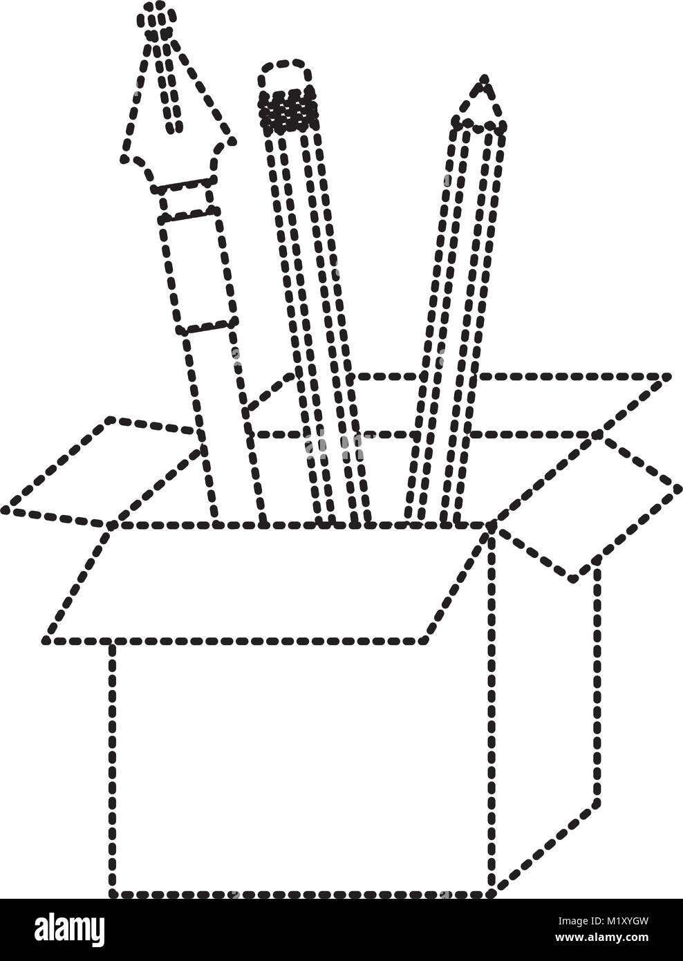 cardboard box with fountain pen and pencils in black dotted contour ...