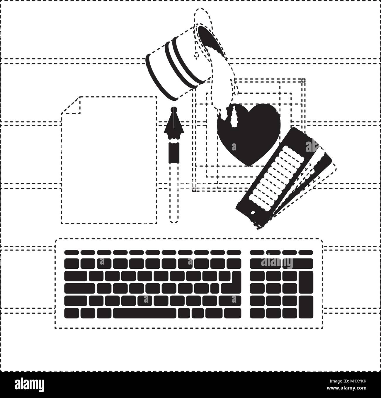 keyboard computer and drawing tools over desk on top view in black ...