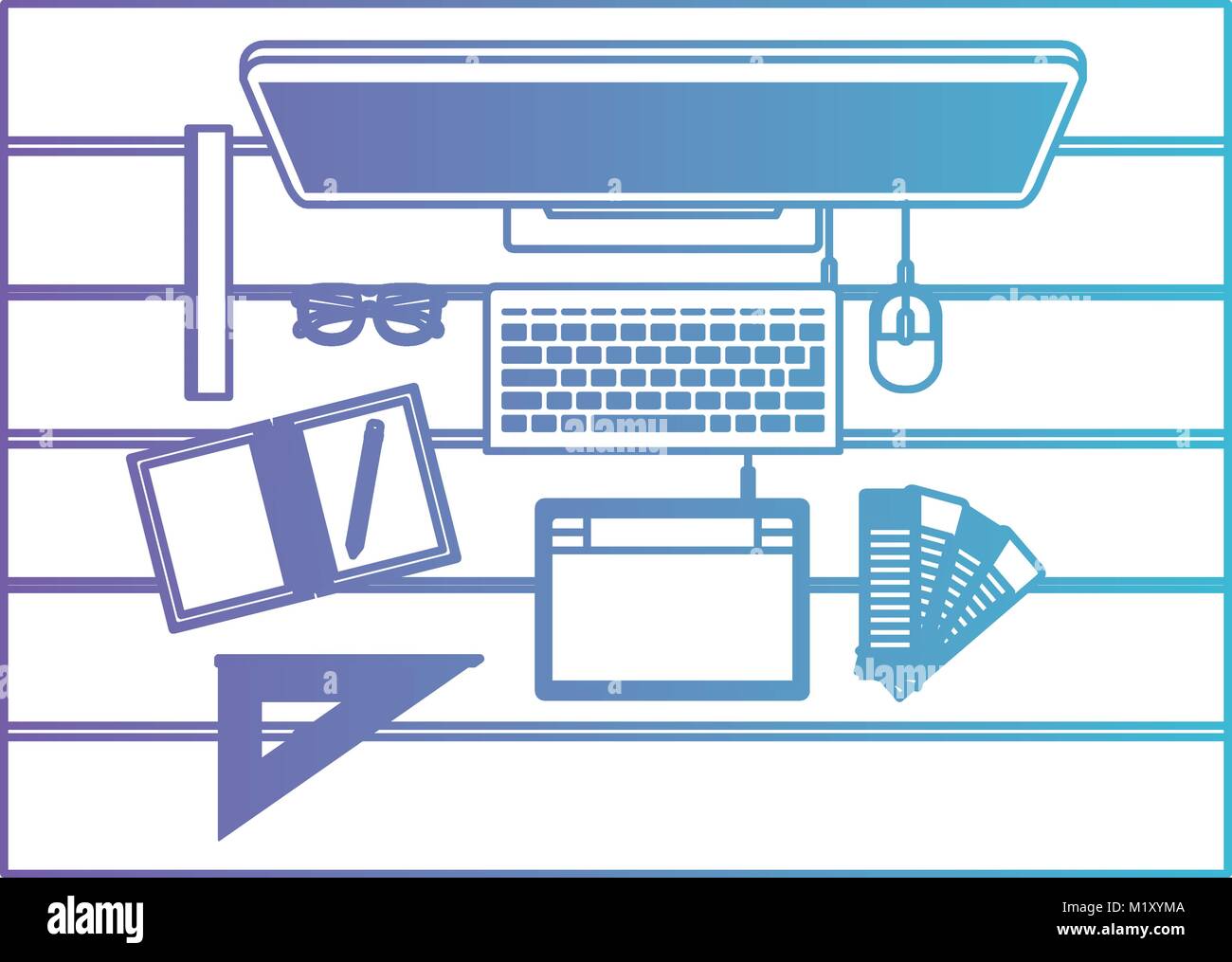 desktop computer and drawing tools over desk on top view in degraded ...
