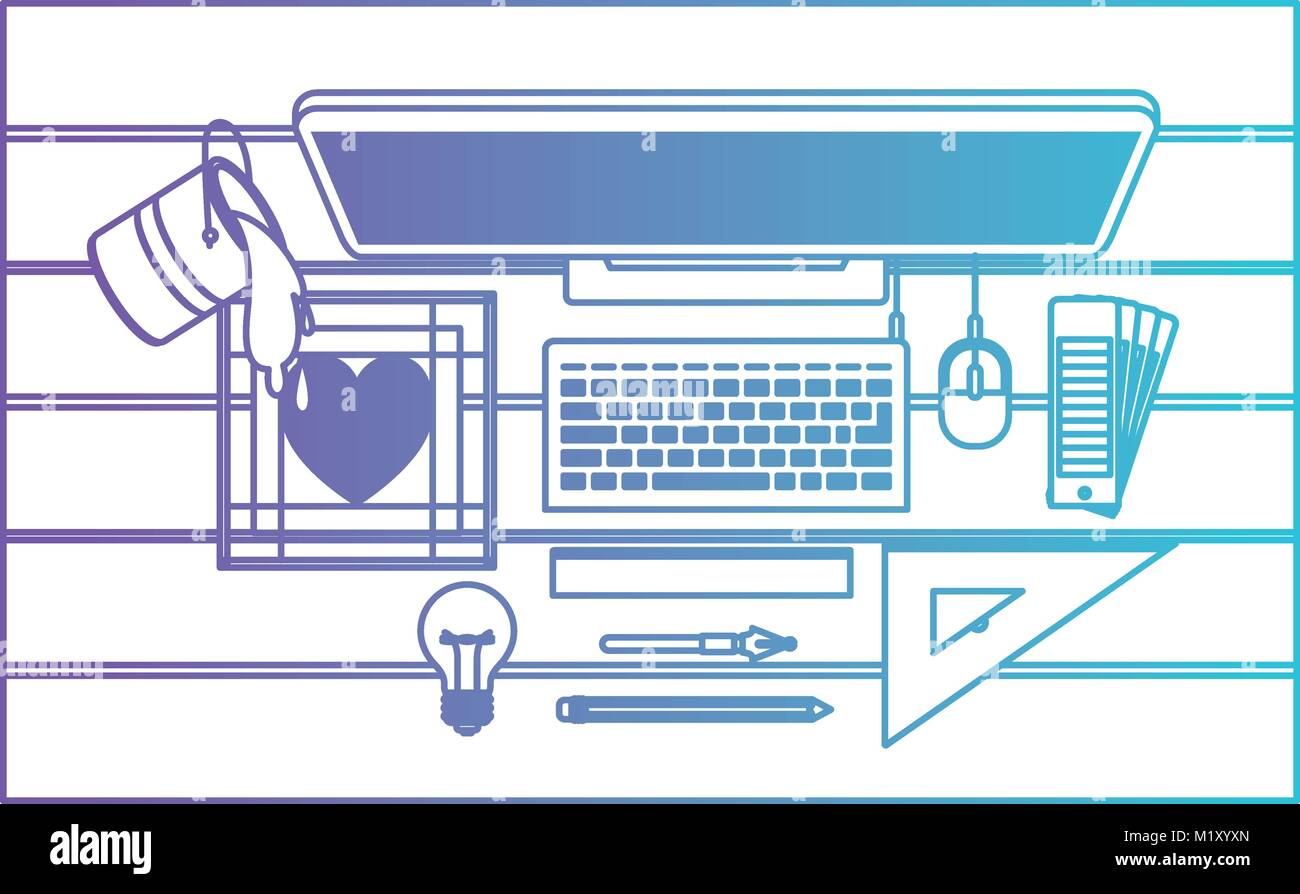 desktop computer and drawing tools over desk on top view in degraded ...