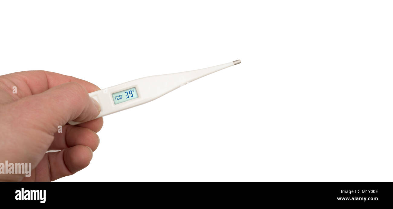hand with digital thermometer that measures the temperature of 39 ...