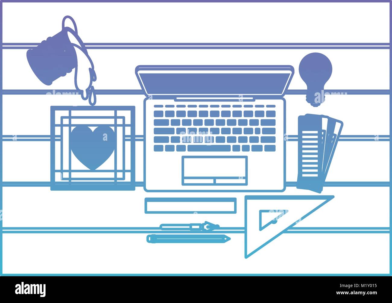 laptop computer and drawing tools over desk on top view in degraded ...