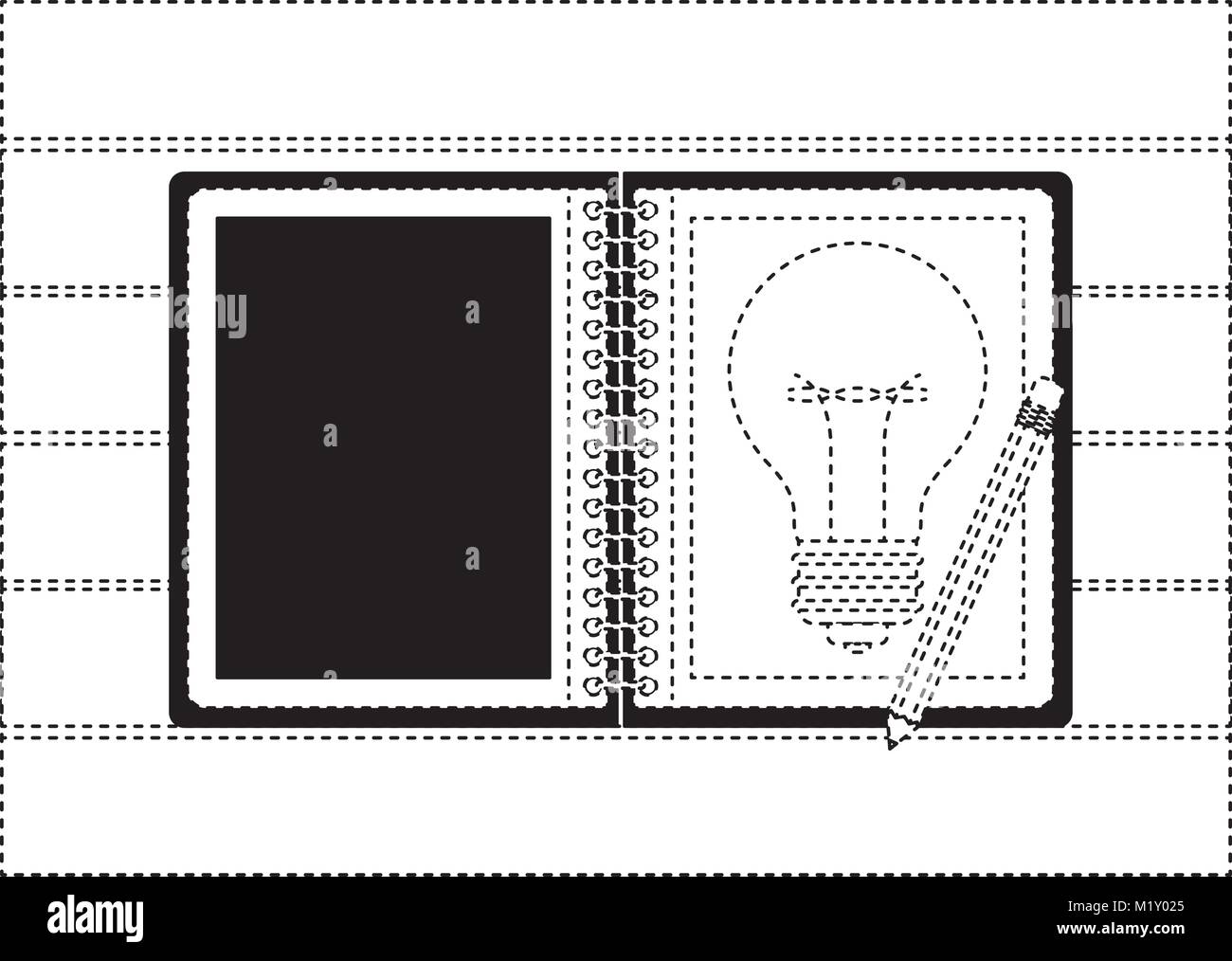spiral notebook with light bulb in sheet and pencil over desk on top ...