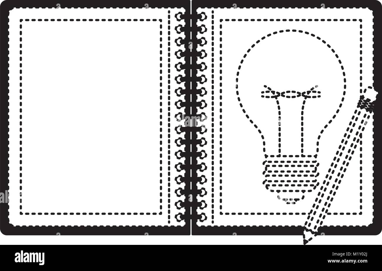 spiral notebook with light bulb in sheet and pencil in black dotted ...