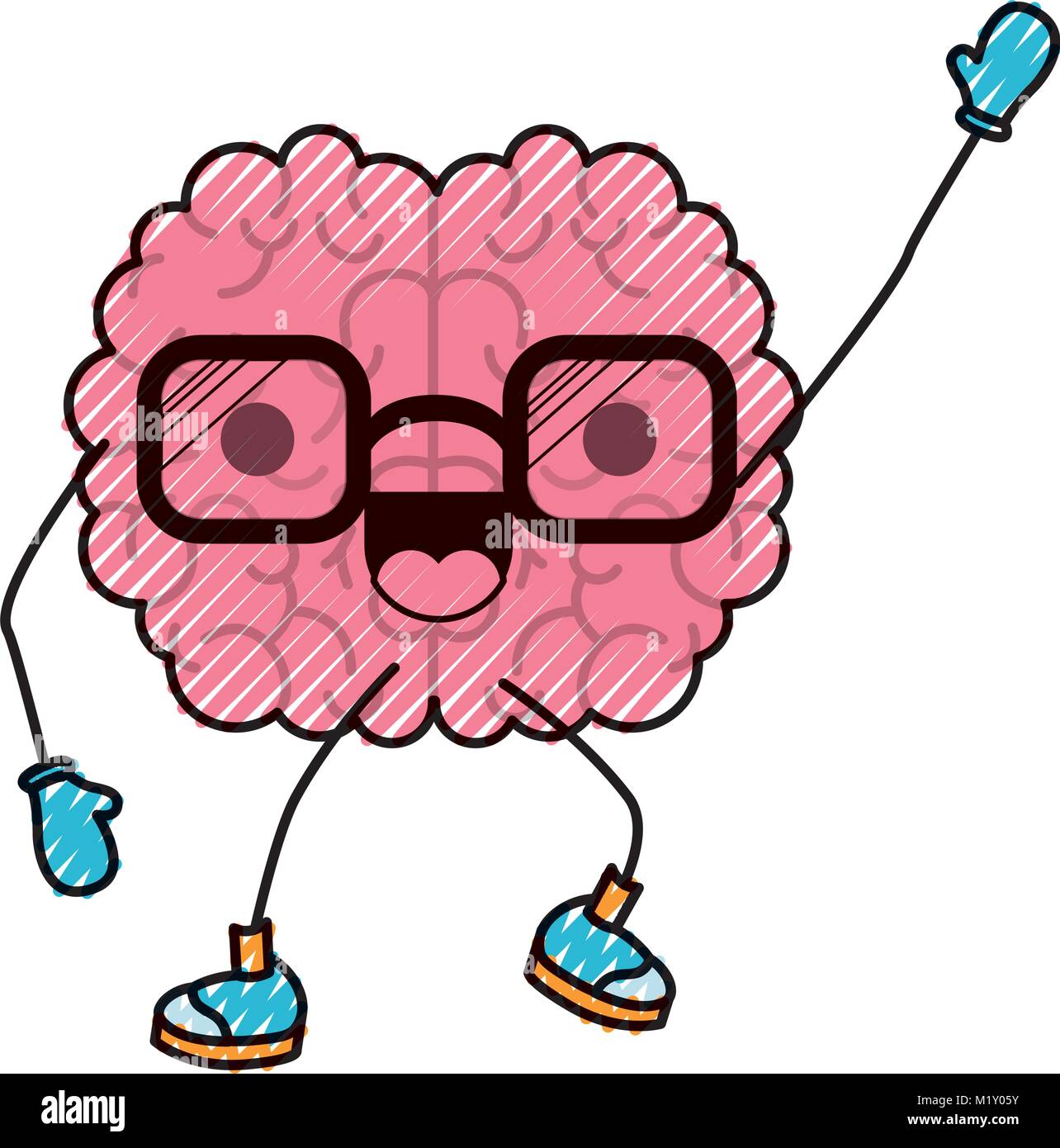 brain cartoon with glasses and cheerful expression in colored crayon ...
