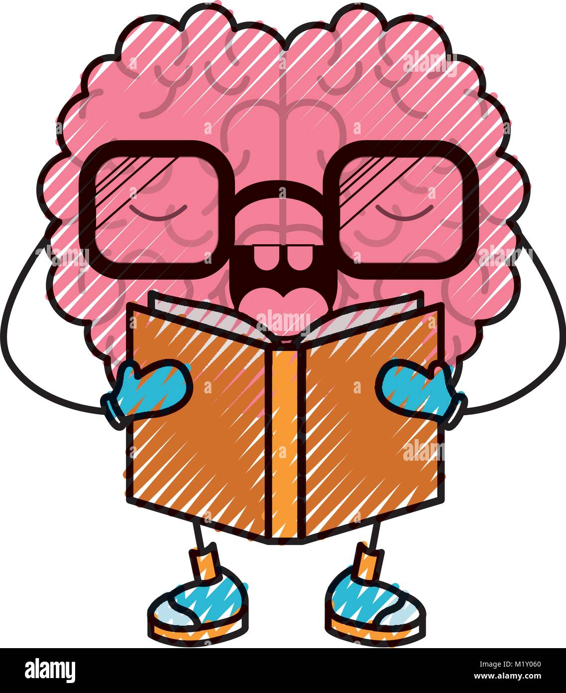 brain cartoon with glasses and book and concentrated expression in ...