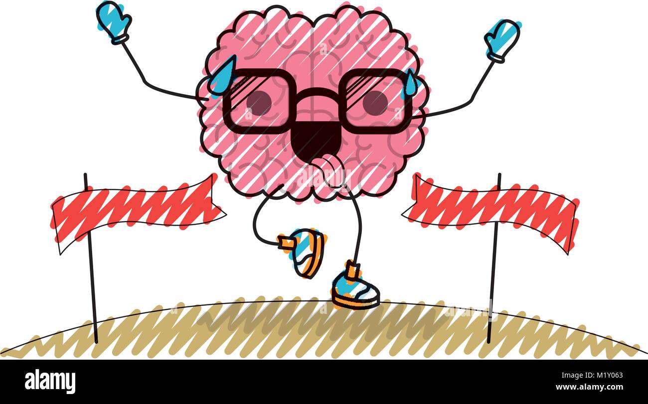brain cartoon with glasses running and passing the finish line with ...