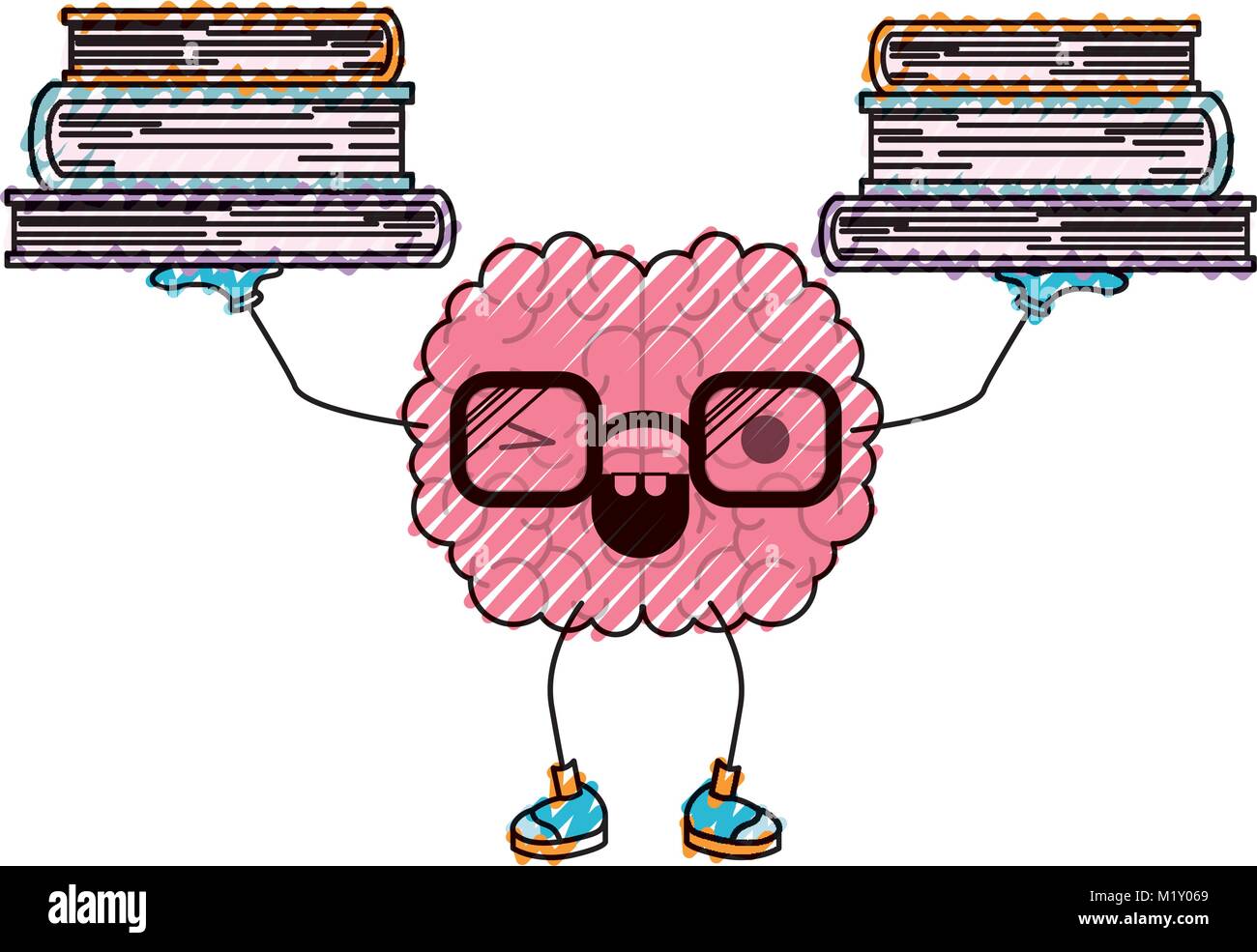 cartoon brain with glasses train the brain for knowledge with eye wink ...