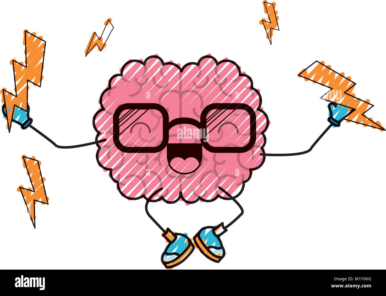 brain cartoon with glasses jumping for joy with lightings around in ...