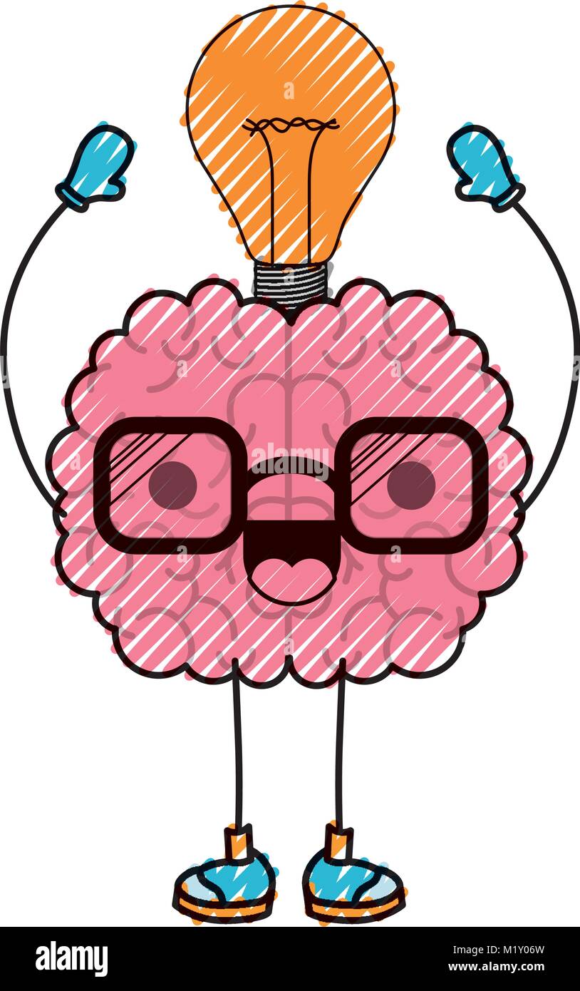 brain cartoon with glasses and light bulb on top with smiling ...