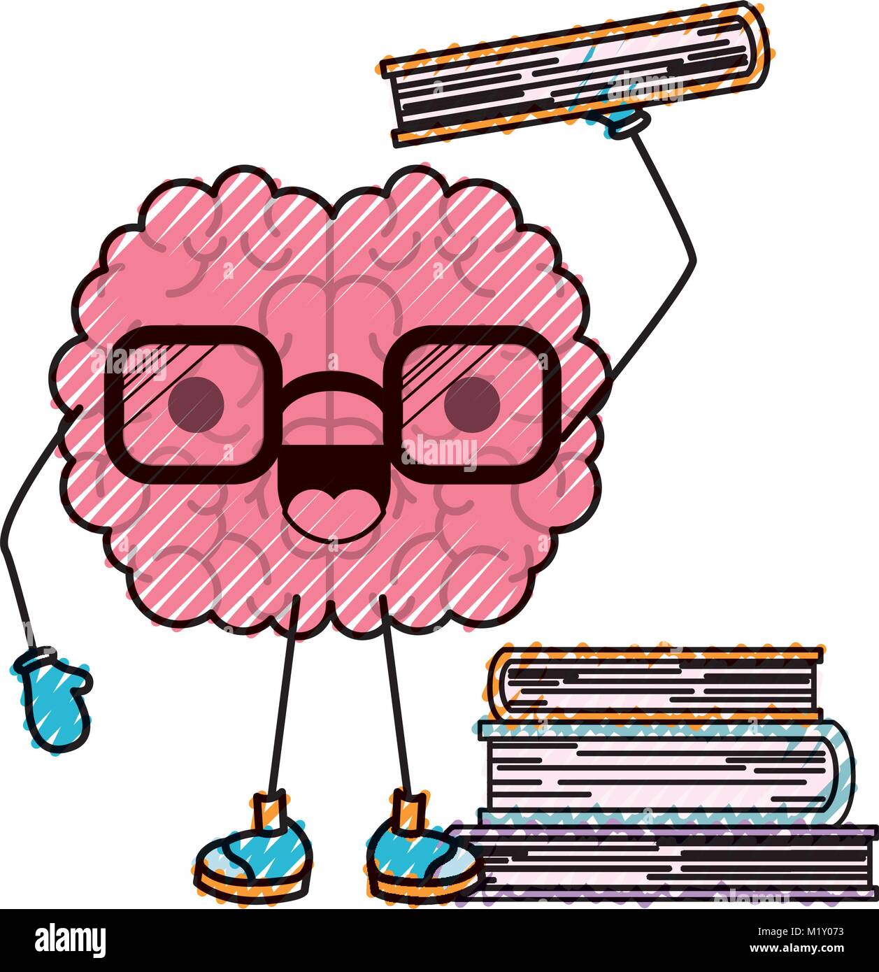 brain cartoon with glasses and learning books in colored crayon ...