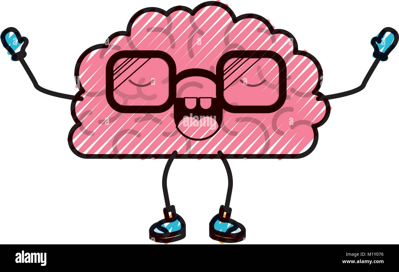 brain cartoon with glasses and emotional expression in colored crayon ...