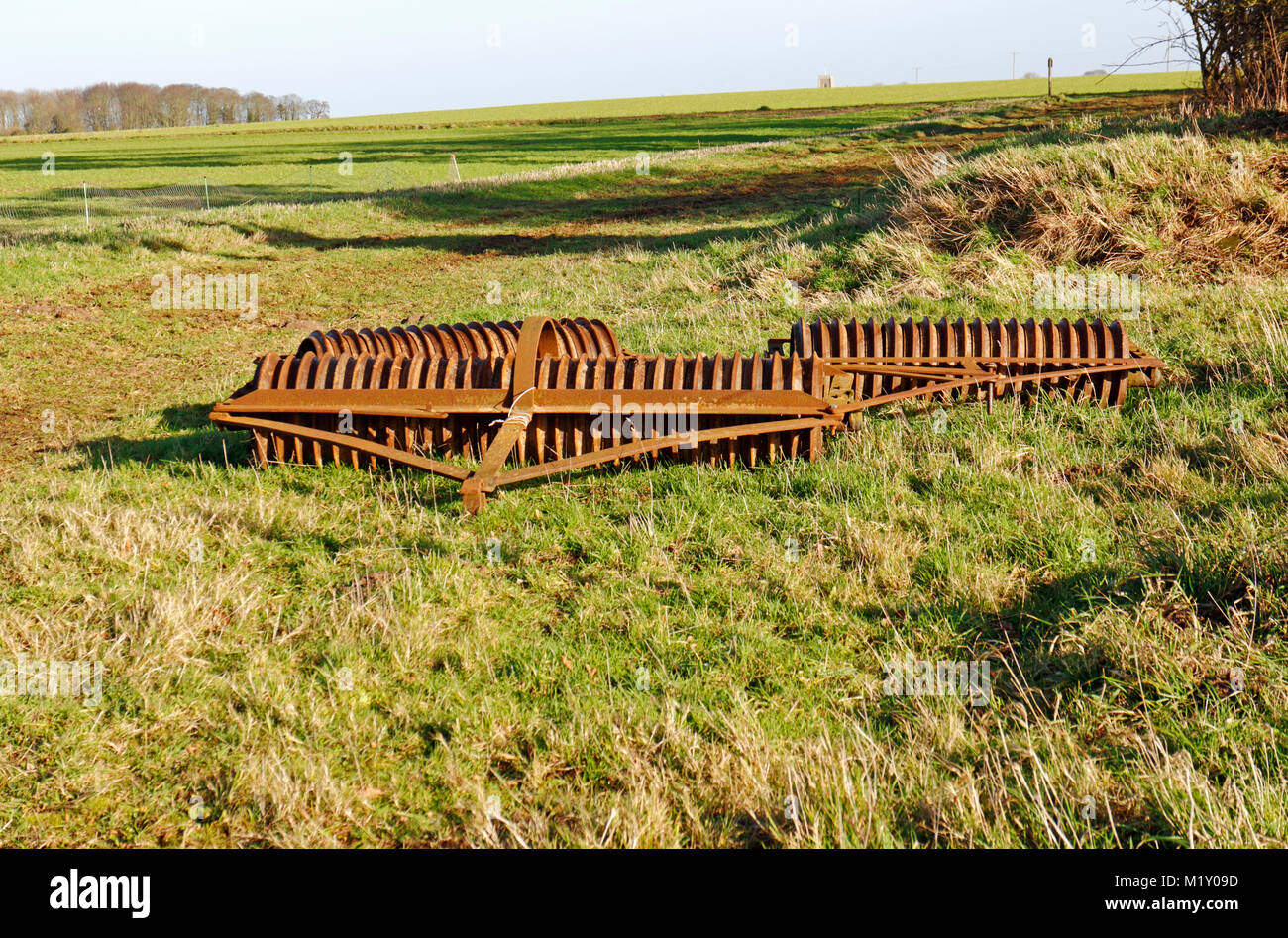 A set of triple gang land rollers by a field edge on a Norfolk farm at ...