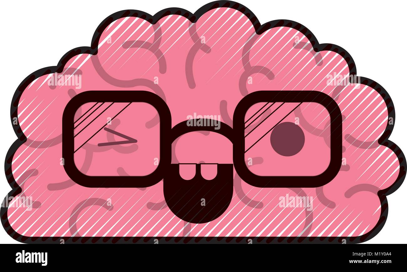 brain character with glasses and eye wink expression in colored crayon ...
