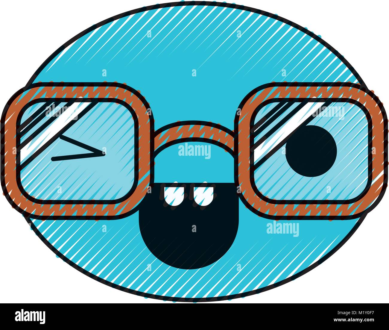 caricature round face with glasses and eye wink expression in colored ...
