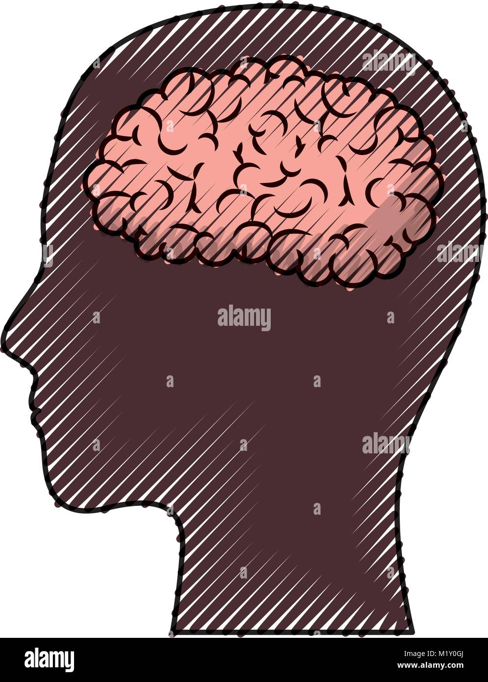 human face brown silhouette with brain inside in colored crayon ...